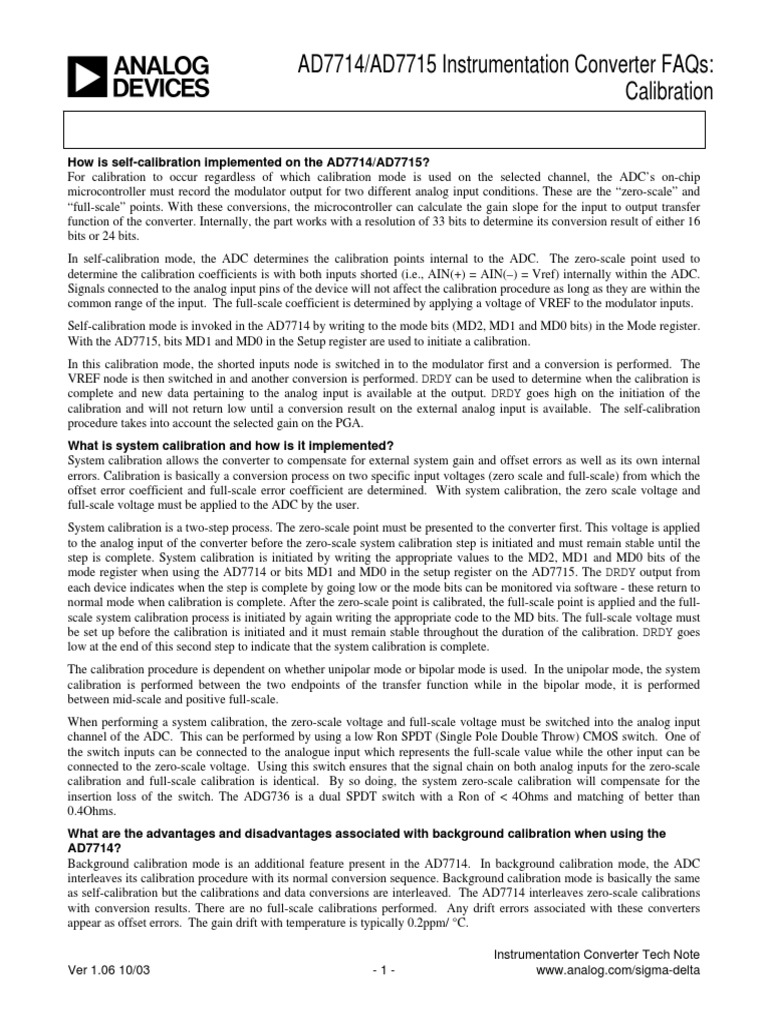 Ad7714/Ad7715 Instrumentation Converter Faqs: Calibration: How Is Self-Calibration Implemented ...