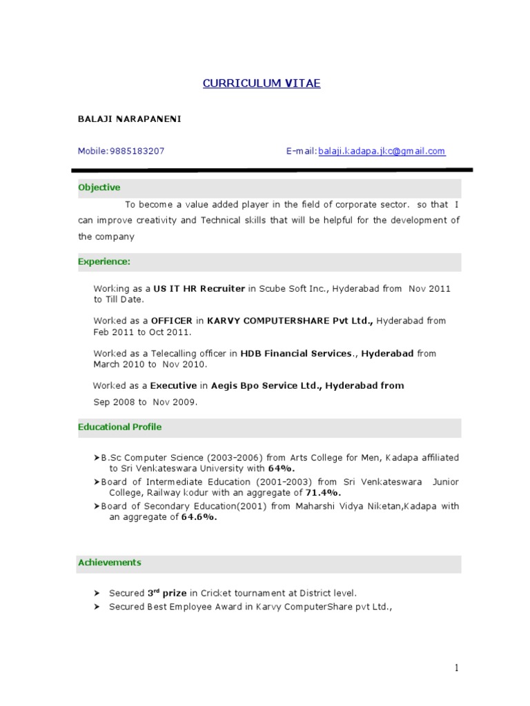 CV IT Recruiter Balaji Narapaneni | PDF | Computing | Business