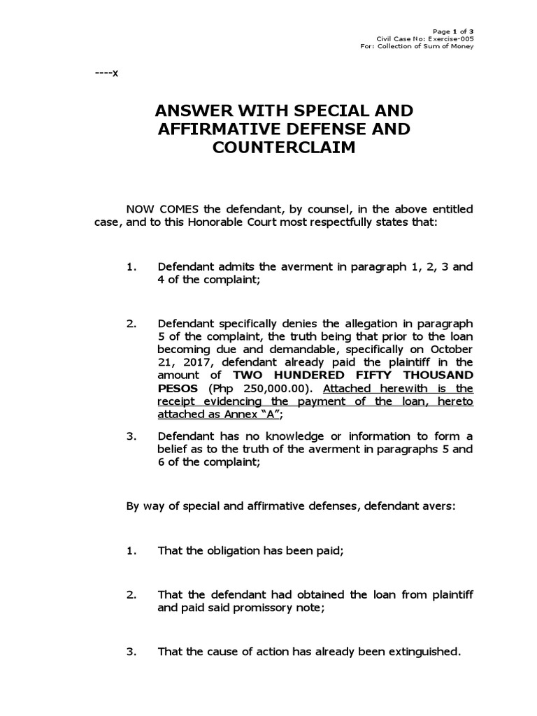 Answer With Special and Affirmative Defense and Counterclaim | PDF ...