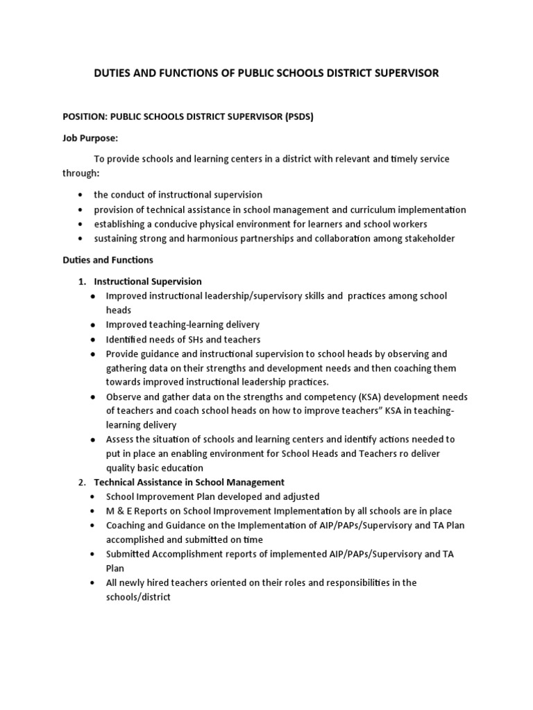 Duties and Functions of Public Schools District Supervisor | PDF ...