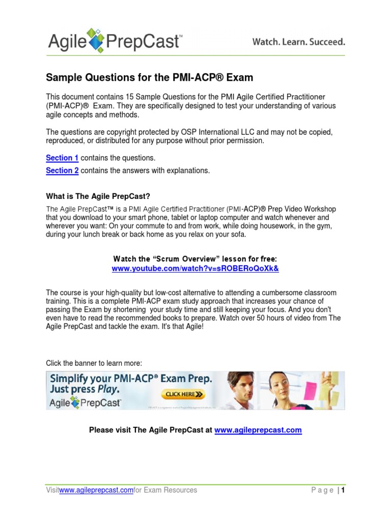 Sample Questions For The PMI-ACP® Exam | PDF | Agile Software ...