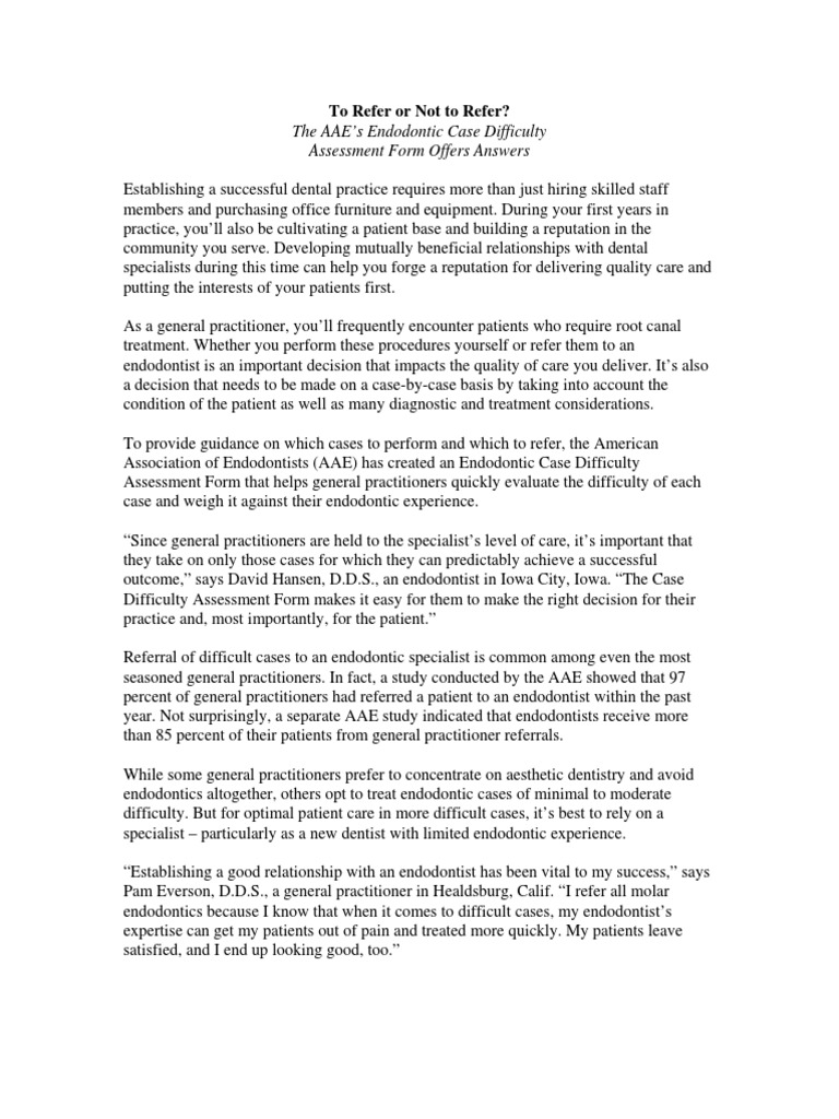 The AAE's Endodontic Case Difficulty Assessment Form Offers Answers | PDF | Dentistry Branches ...