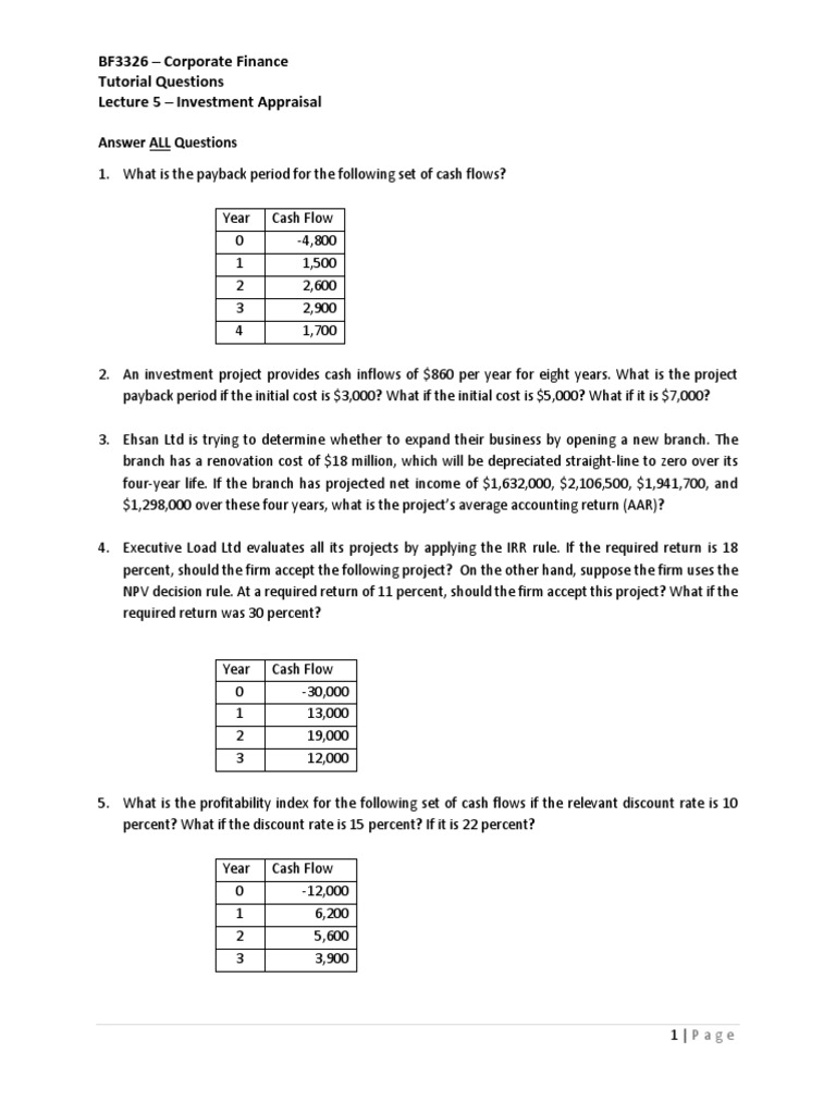 Tutorial 4 - Investment Appraisal | PDF | Capital Budgeting | Financial ...