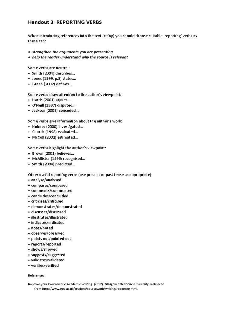 Handout 3 - REPORTING VERBS IN-TEXT CITATION | PDF