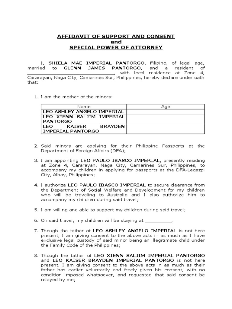 Affidavit of Support and Consent With SPA-Shiela Mae Pantorgo | PDF | Affidavit | Government And ...