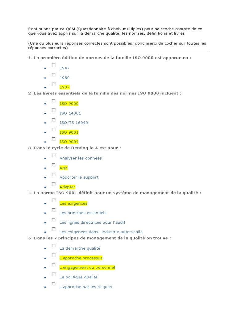 QCM sur la Norme ISO 9001 et Qualité | PDF | Management de la qualité ...