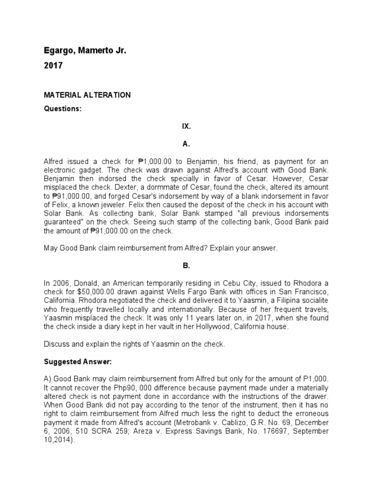 Check Alteration and Liability Issues | PDF | Cheque | Promissory Note