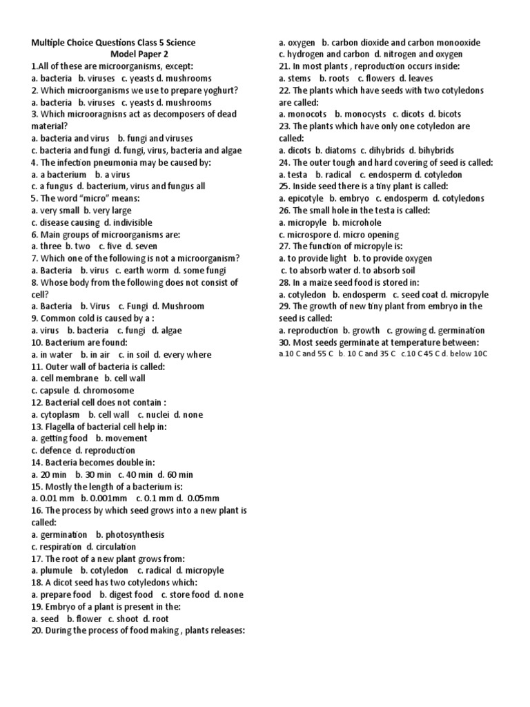 Multiple Choice Questions Class 5 Science | PDF | Seed | Bacteria