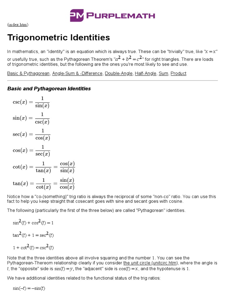 Trigonometric Identities - Purplemath | PDF | Trigonometric Functions ...