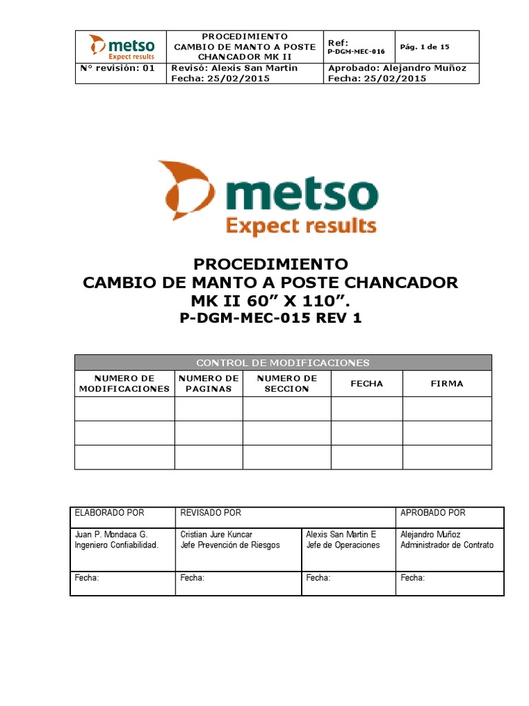 P-DGM-MEC-015 Proc. Cambio de Manto A Poste Chancador MK II 60 X 110 Rev 1 | PDF | Soldadura ...