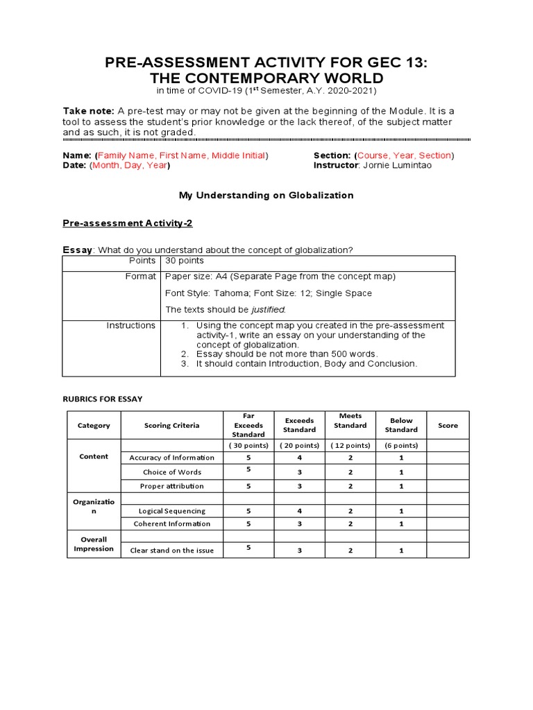 Pre-Assessment Activity For Gec 13: The Contemporary World | PDF ...