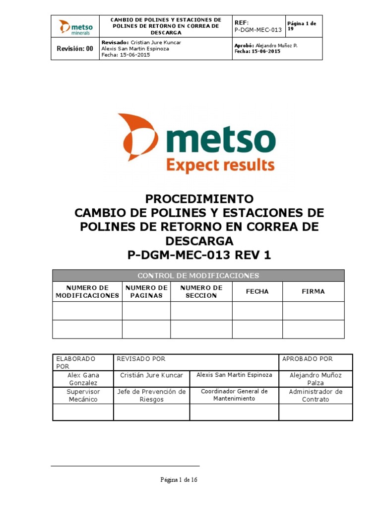 P-DGM-MEC-013 Proc - Cambio de Polines y Estaciones de Polines de Retorno en Correa de Descarga ...
