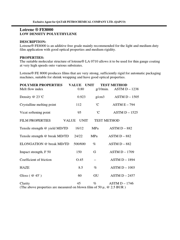 Lotrene ® FE8000: Low Density Polyethylene Description | PDF ...