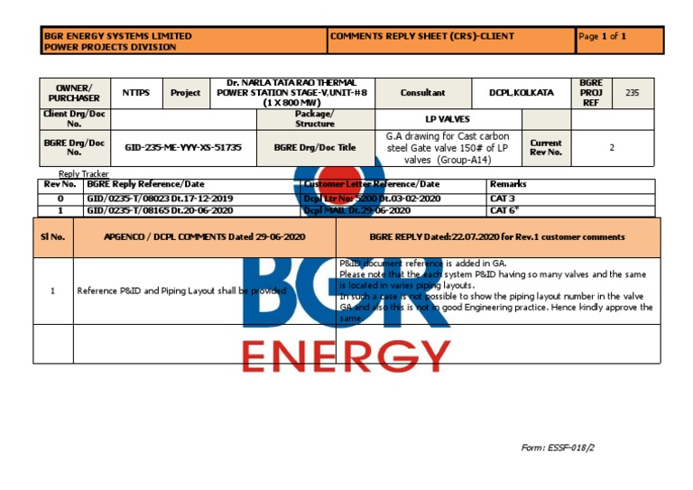 BGR Energy Systems Limited Power Projects Division Comments Reply Sheet (CRS) - Client | PDF ...
