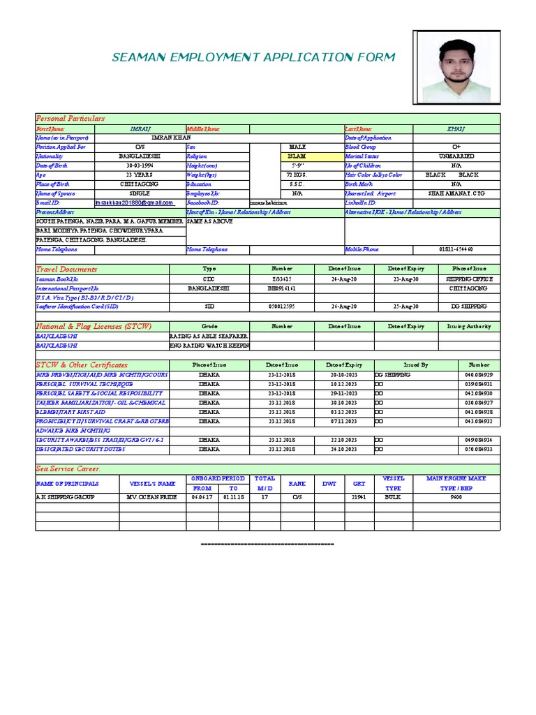 Seaman Employment Application Form: Personal Particulars | PDF