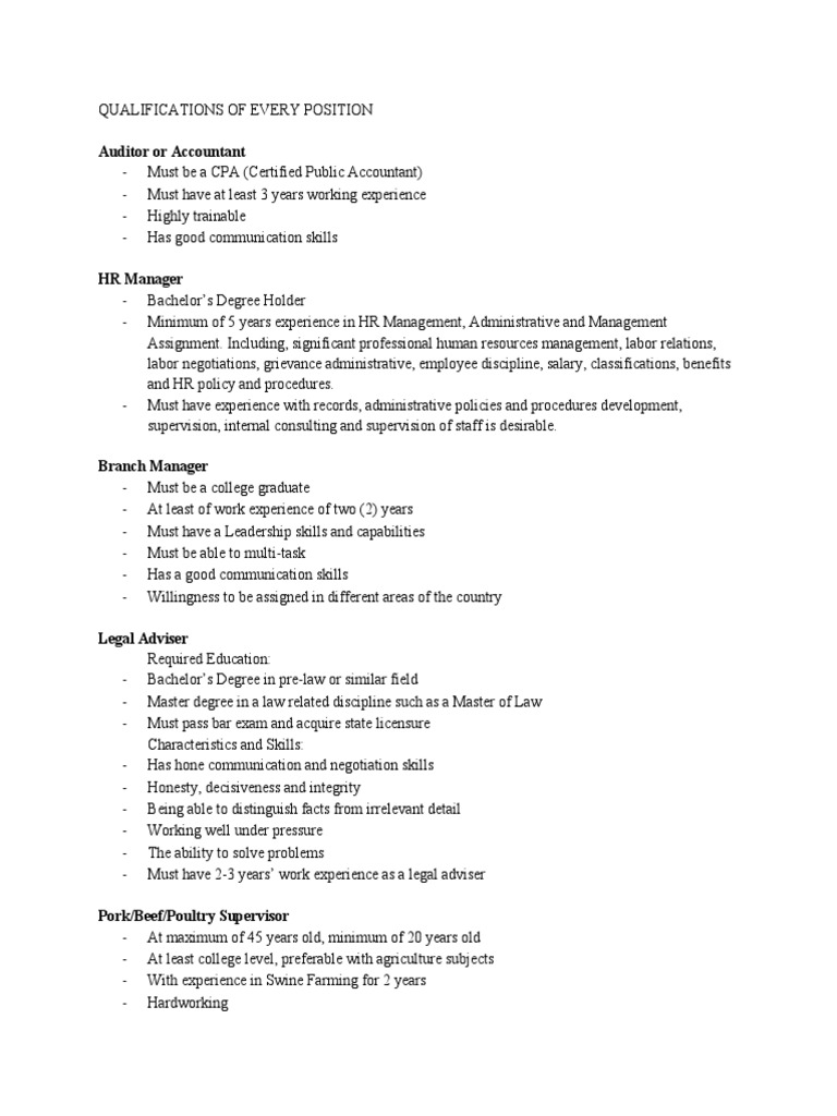 Job Qualifications for Key Positions | PDF | Accountant | Academic Degree