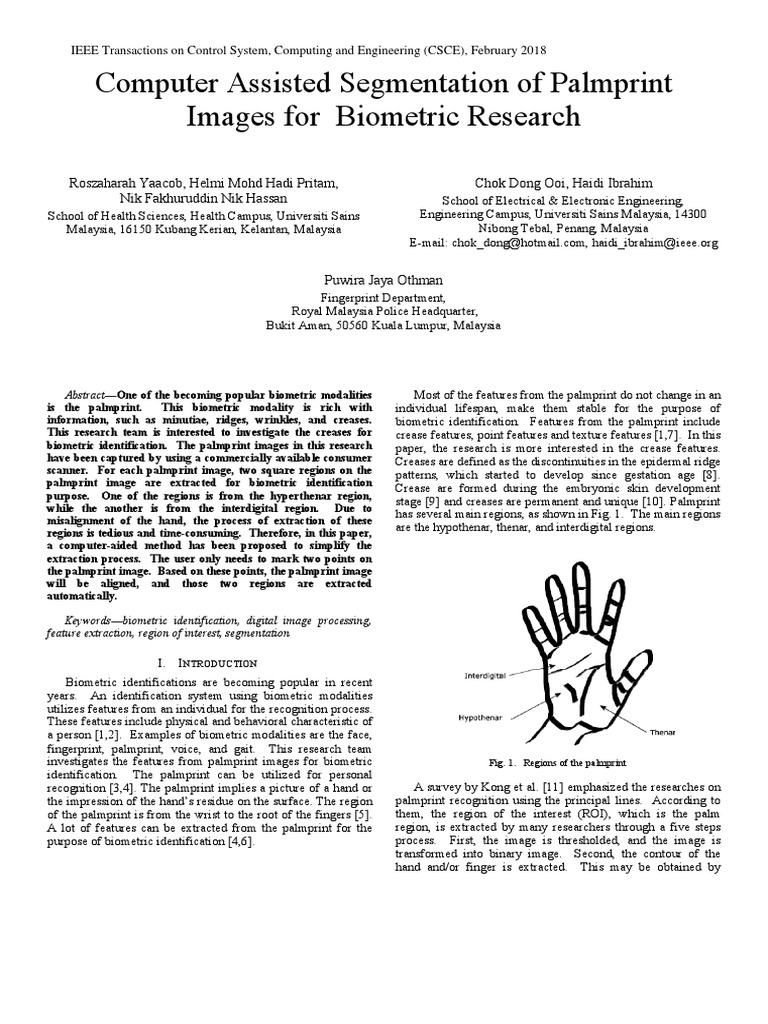 Computer Assisted Segmentation of Palmprint Images For Biometric Research | PDF | Biometrics ...
