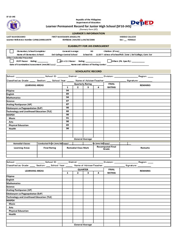 School Form 10 SF10 Learners Permanent Academic Record For Junior High ...