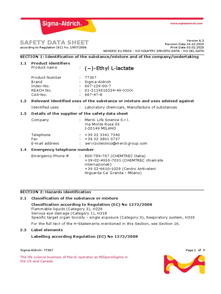 Msds - ( ) - Ethyl L-Lactate - EN | PDF | Dangerous Goods | Toxicity