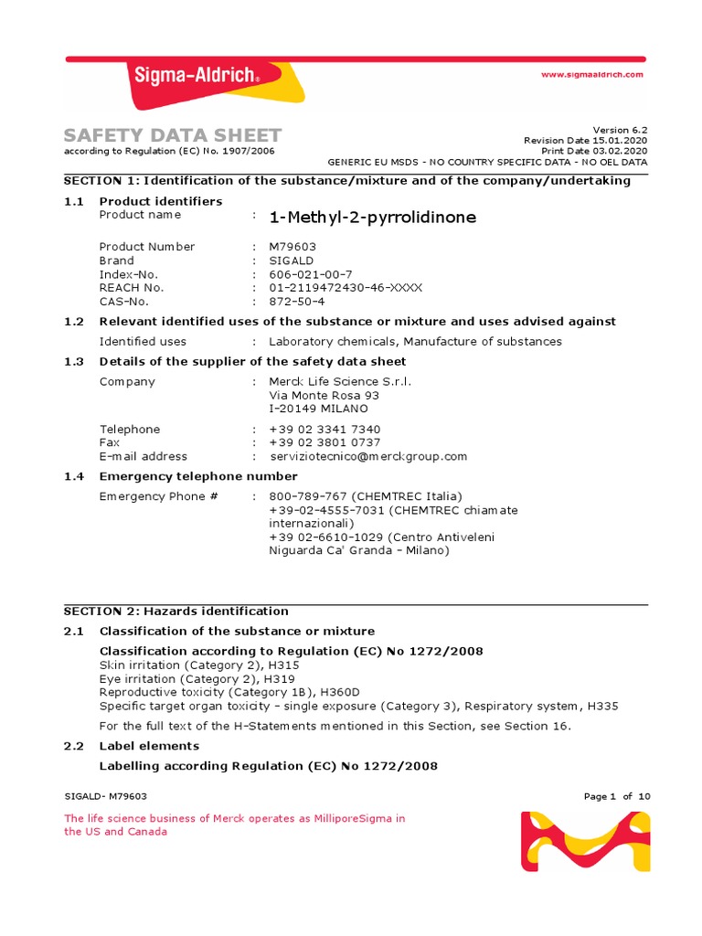 Safety Data Sheet: 1-Methyl-2-Pyrrolidinone | PDF | Toxicity ...
