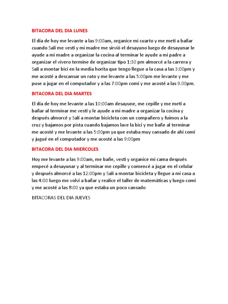 Bitacora Del Dia Lunes | PDF