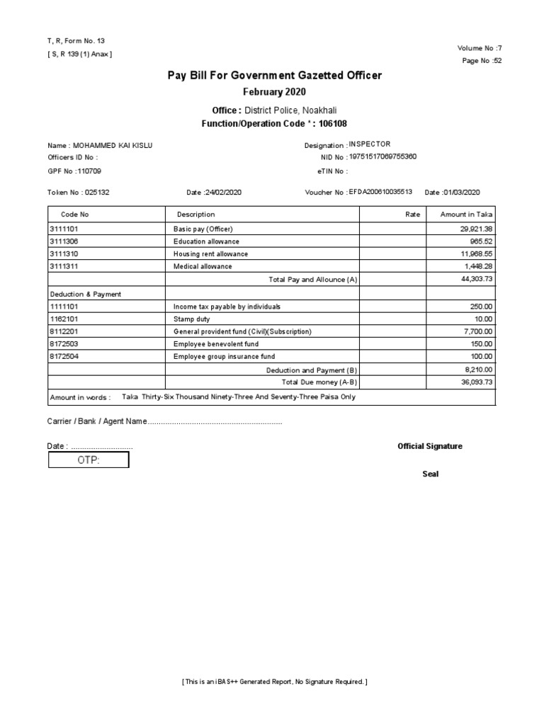 Pay Bill For Government Gazetted Officer: February 2020 | PDF ...