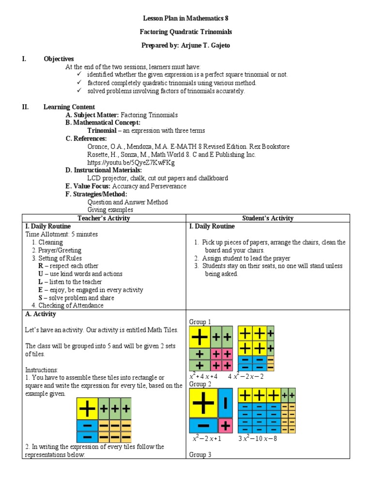 Lesson Plan Factoring Quadratic Trinomial | PDF | Factorization ...