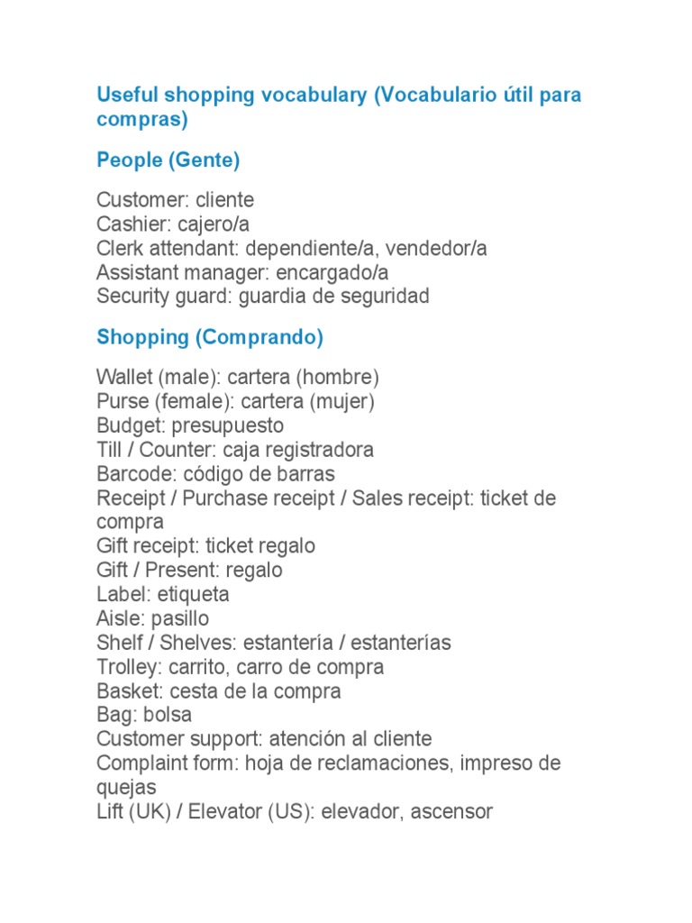 Shopping Vocabulary English II | PDF