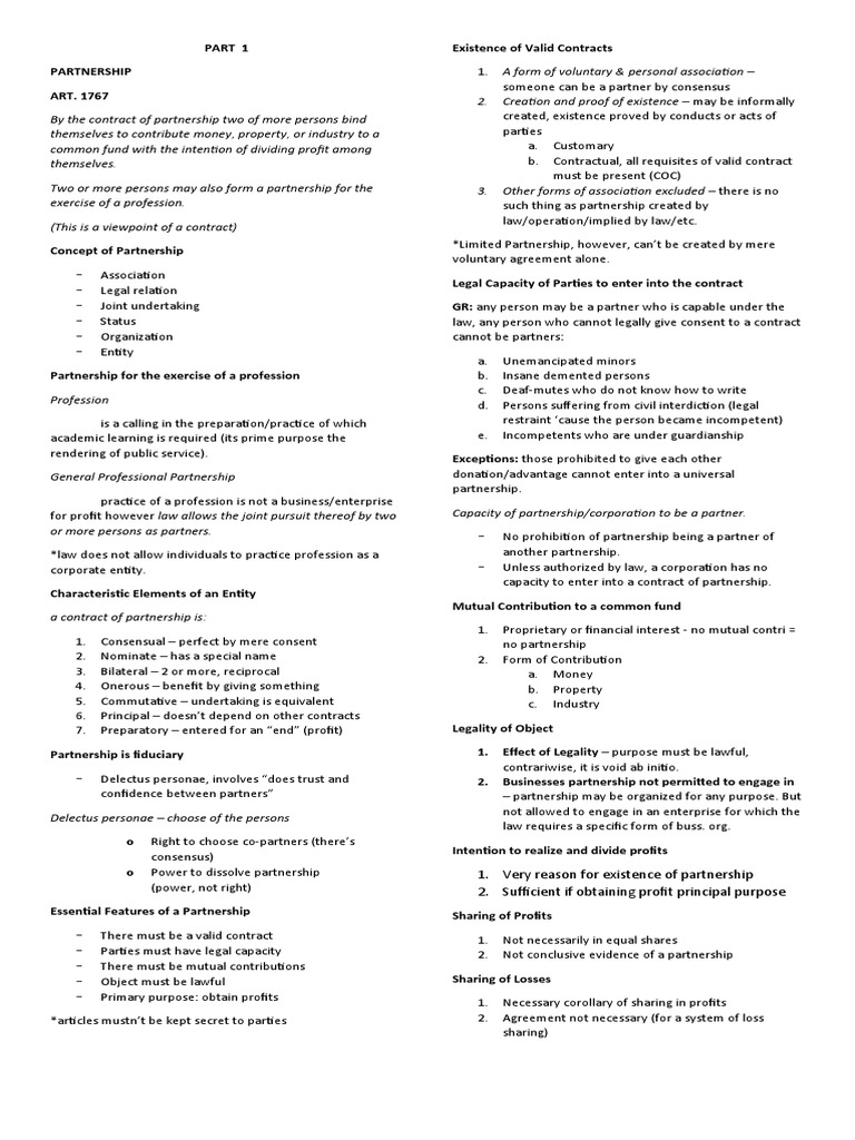 LAW ON PARTNERSHIP (Part 1) | PDF | Partnership | Consent