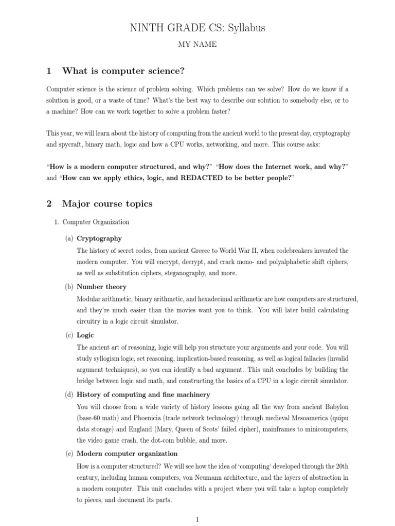 NINTH GRADE CS: Syllabus: 1 What Is Computer Science? | PDF | Cipher ... NINTH GRADE CS: Syllabus: 1 What Is Computer Science? | PDF | Cipher ...