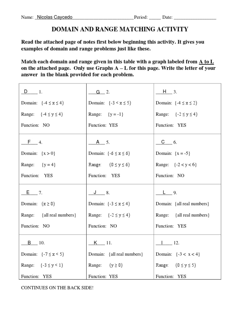 Domain and Range Matching Activity: Nicolas Caycedo | PDF | Function (Mathematics) | Analysis