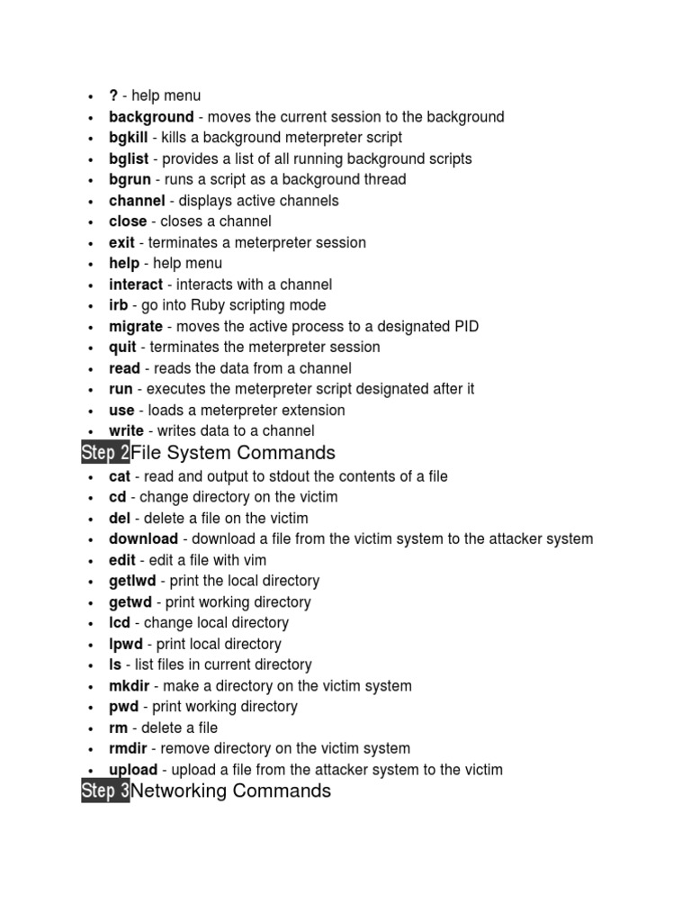 Meterpreter Command Cheat Sheet | PDF | Shell (Computing) | Computer File