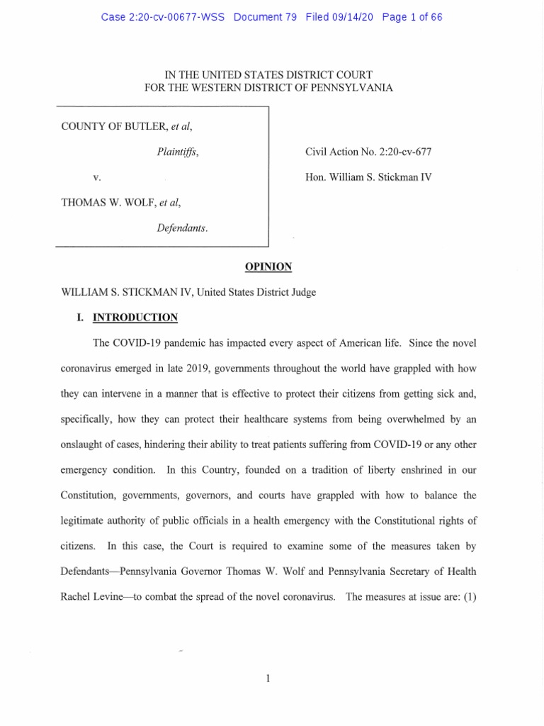 Judge Stickman's Order in Butler County v. Wolf | PDF | United States ...