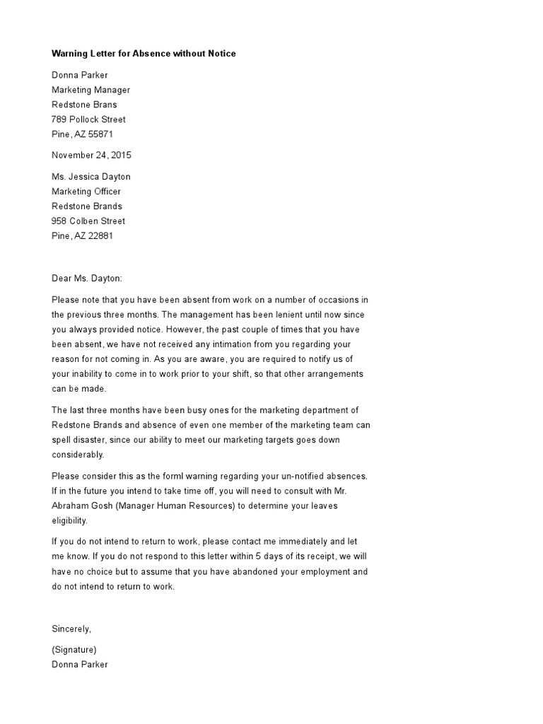 Absence Without Notice Warning | PDF