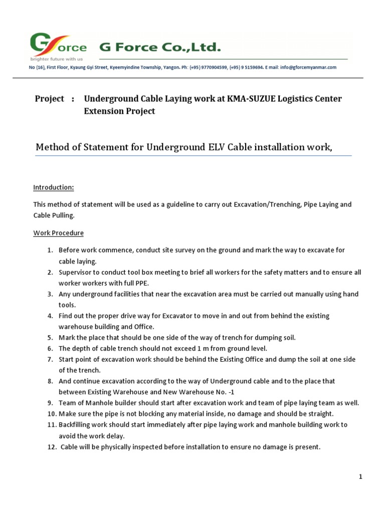 Method Statement For Underground ELV Cable Laying Work | PDF | Excavation (Archaeology)
