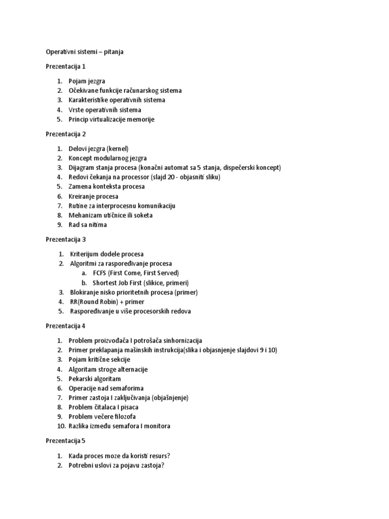 Operativni Sistemi Kol 1 - Pitanja Profesor Singidunum | PDF