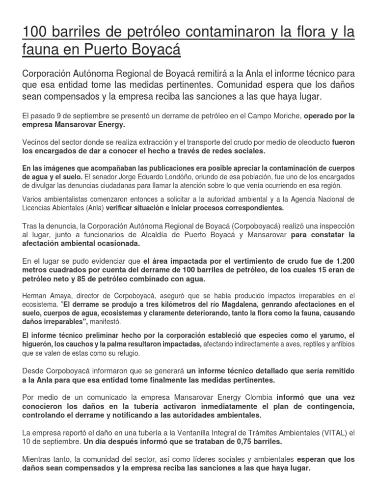 100 Barriles de Petróleo Contaminaron La Flora y La Fauna en Puerto Boyacá | PDF | Petróleo ...
