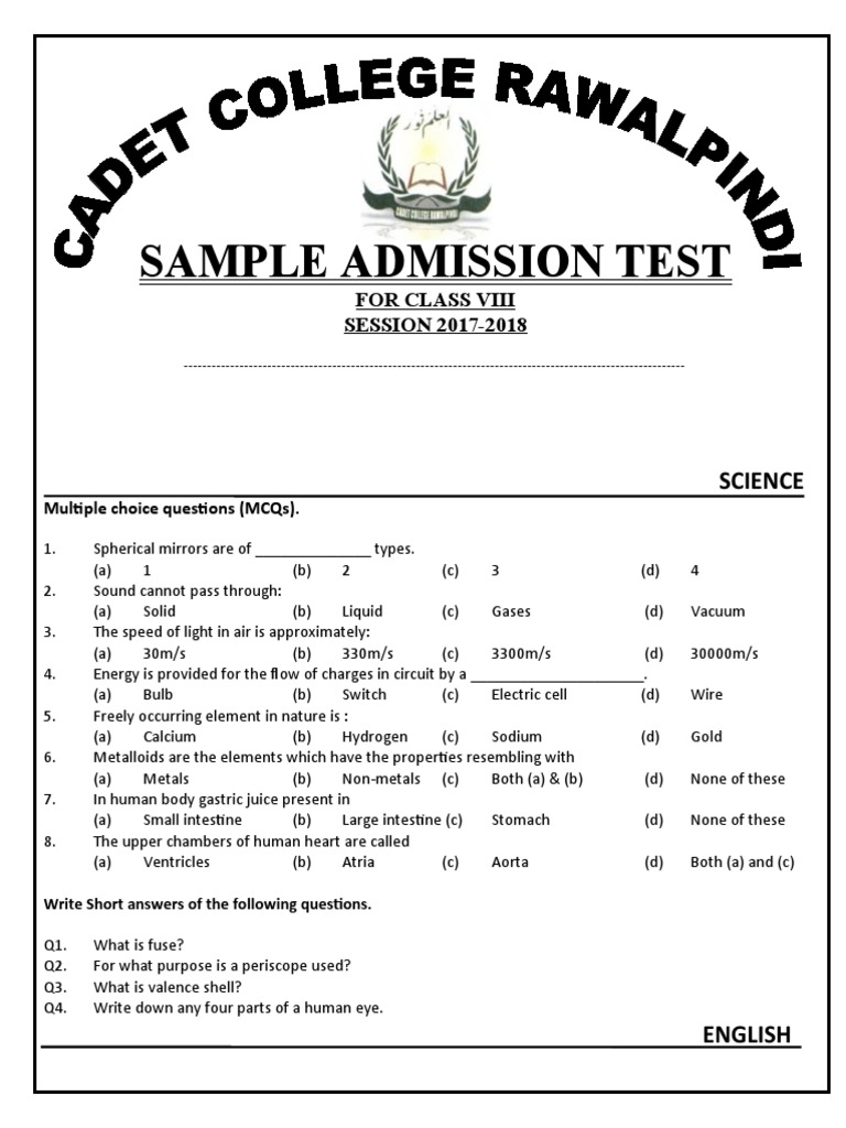 Sample Admission Test: For Class Viii SESSION 2017-2018 | PDF ...