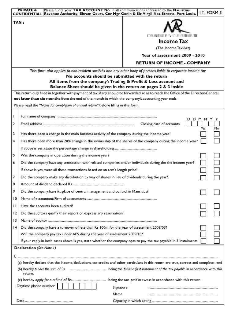 Income Tax: Year of Assessment 2009 - 2010 Return of Income - Company ...