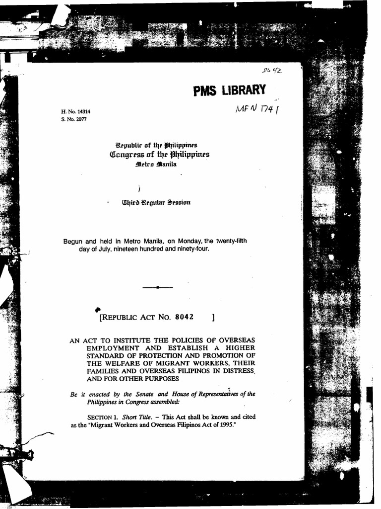 REPUBLIC ACT. NO. 8042 (Migrant Workers and Overseas Filipinos Act of ...