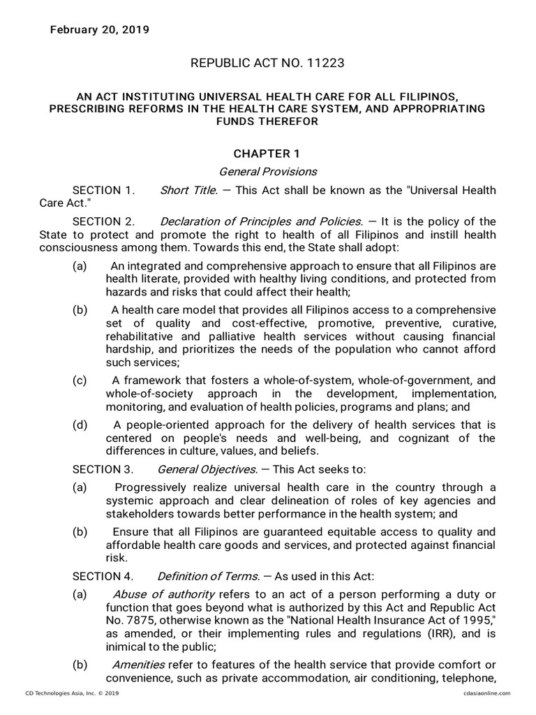 REPUBLIC ACT NO. 11223 (Universal Health Care Act) PDF | PDF | Health ...