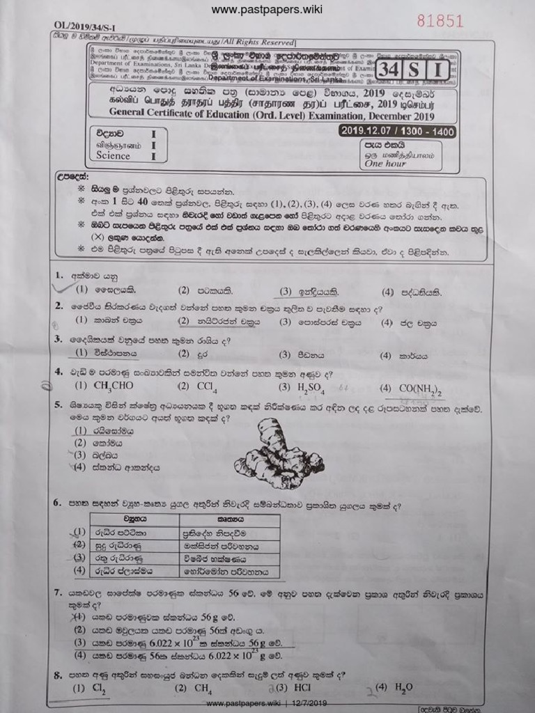 G.C.E. Ordinary Level Exam Past Papers 2019 - Science | PDF