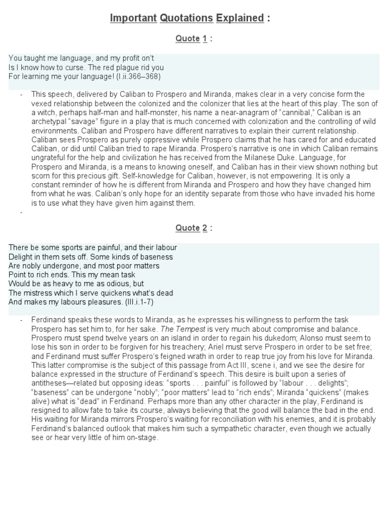 Important Quotations Explained:: Quote 1 | Download Free PDF | The Tempest