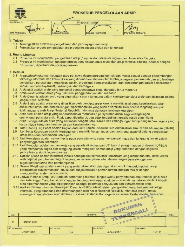 Prosedur Pengelolaan Arsip UT JKOP TU01 PDF | PDF