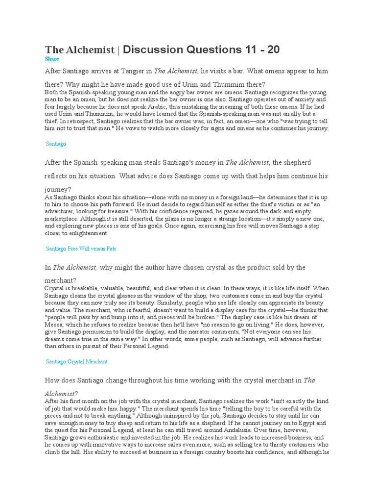 The Alchemist - Discussion Questions 11 - 20: Share | Download Free PDF ...