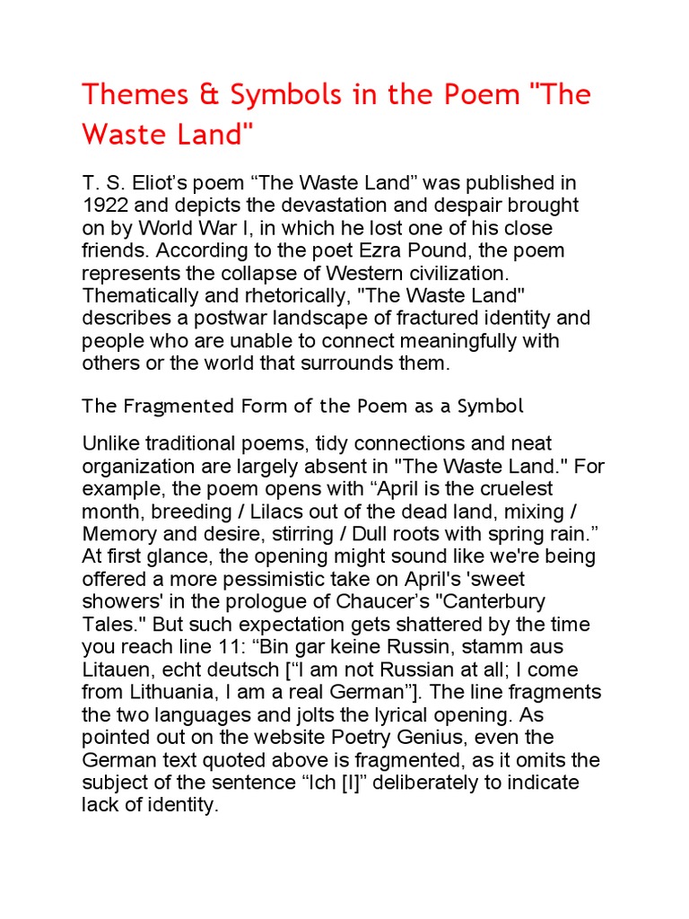 Themes & Symbols in The Poem "The Waste Land" | PDF | T. S. Eliot | Poetry
