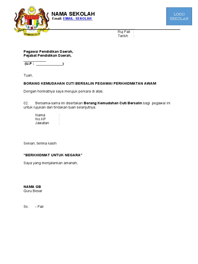 Surat Iringin Kemudahan Cuti Bersalin-Contoh | PDF