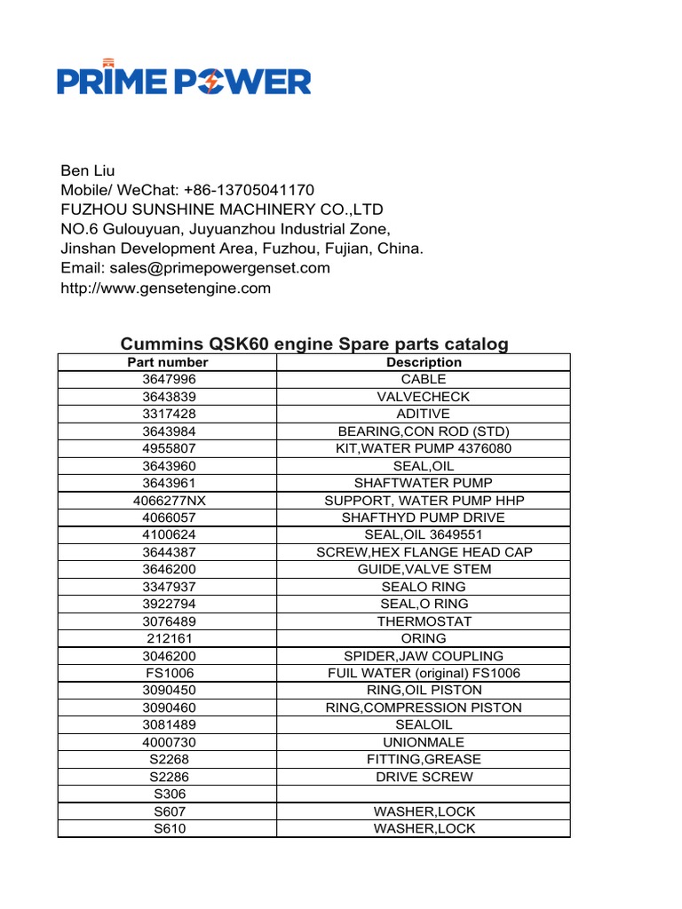 Cummins QSK60 Engine Spare Parts Catalog | PDF | Valve | Pump