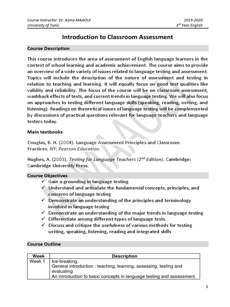 Introduction To Classroom Assessment: Course Description | PDF ...