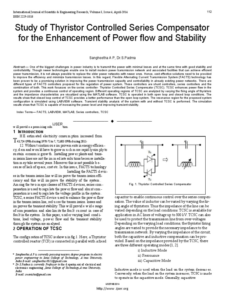 Study of Thyristor Controlled Series Compensator For The Enhancement | PDF | Electrical ...